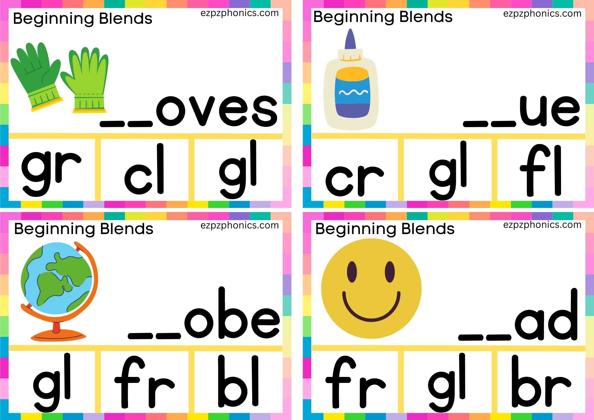 GL Beginning Blends Clip Cards Finish The Words And Clip The Correct Letters Set 1 - ezpzphonics.com